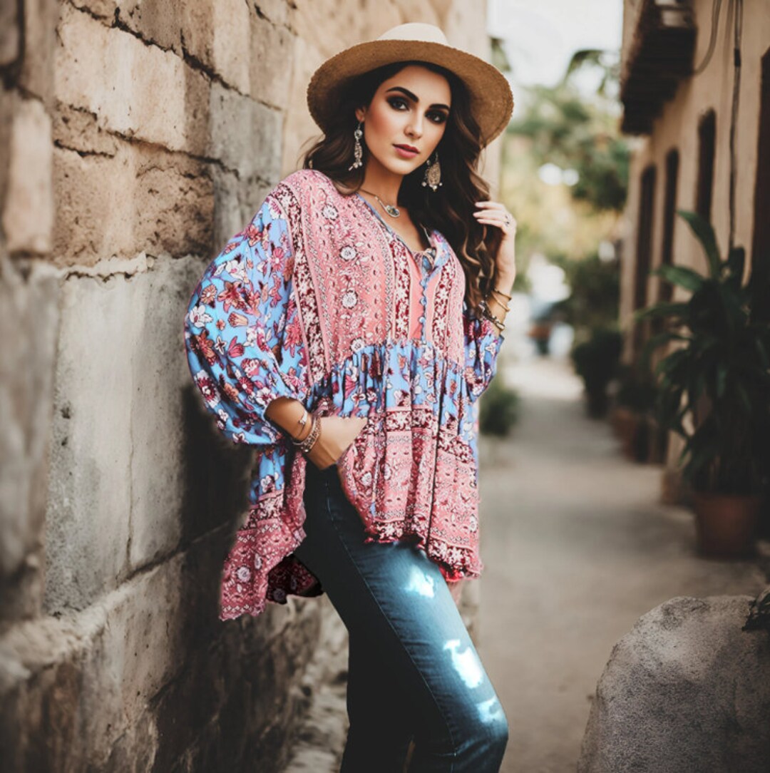Annie Bohemian Blouse Oversized, Crochet Detail, Blue and Pink, Printed ...