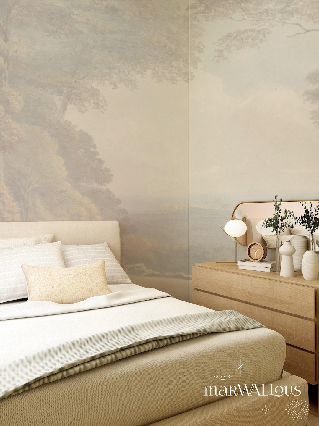 Subtle Wallpaper, Repositionable, Landscape, Watercolor Wall Mural ...