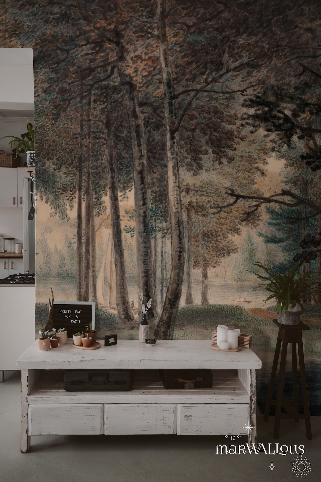 Misty Forest Wall Mural, Repositionable, Tree Wallpaper, Painting ...