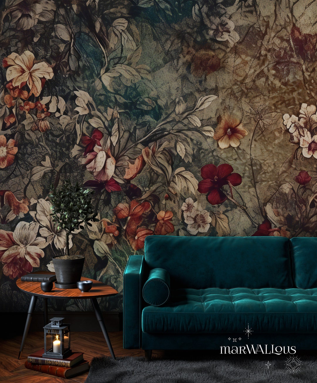 Gothic Floral Wallpaper Print, Classic Botanical Artwork, Dark Academia ...