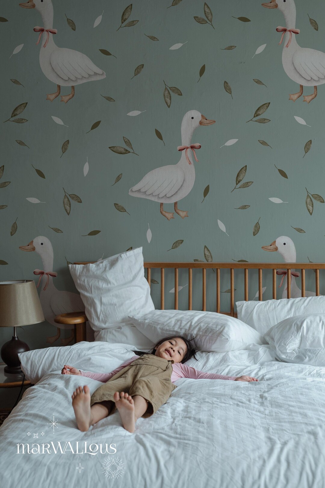Country Geese Kids Wallpaper, Elegant Goose in Hat and Boho Leaves ...