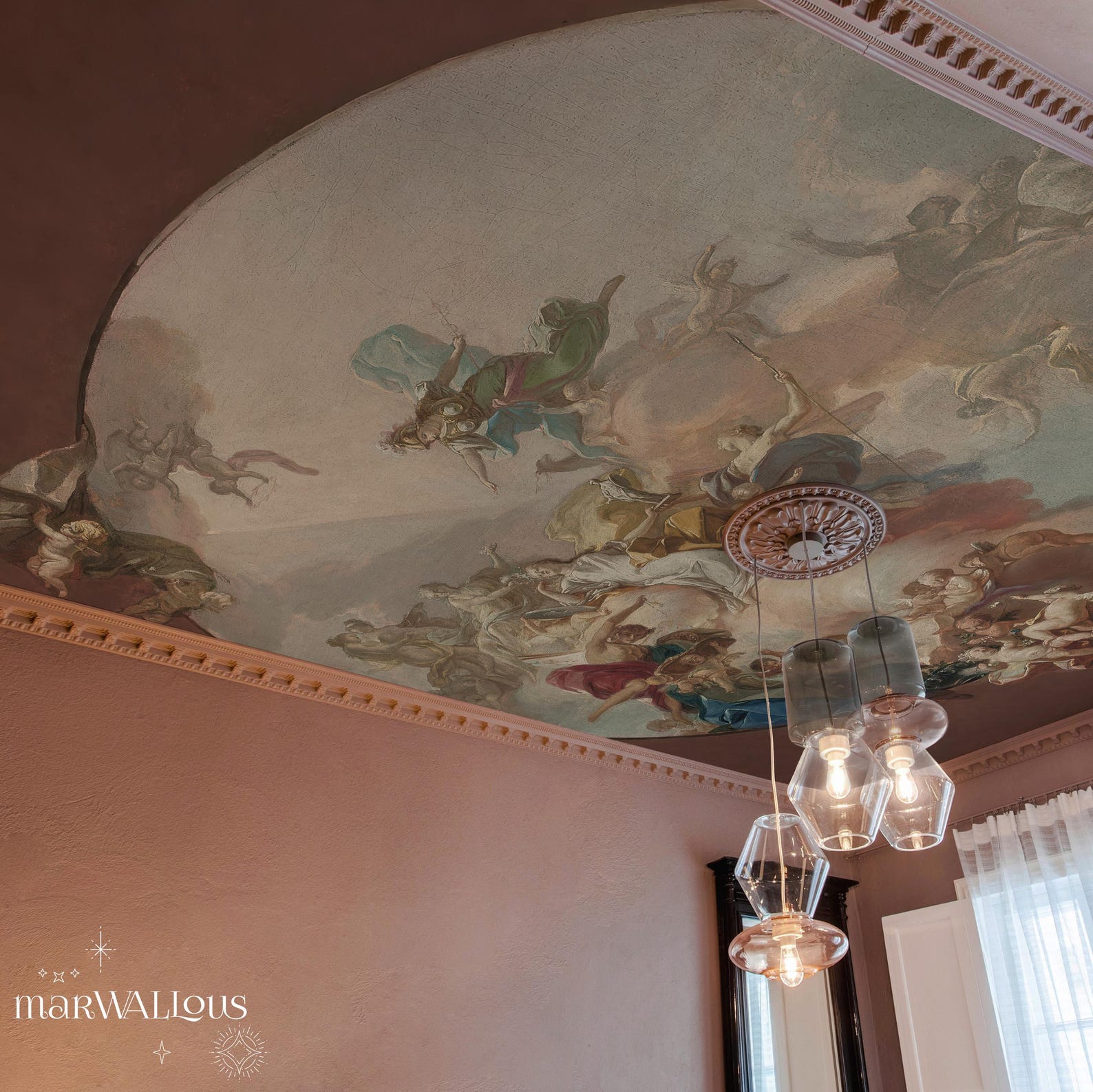 Vintage Ceiling Mural, Classic Trompe L'oeil Sky With Angels, Victorian ...