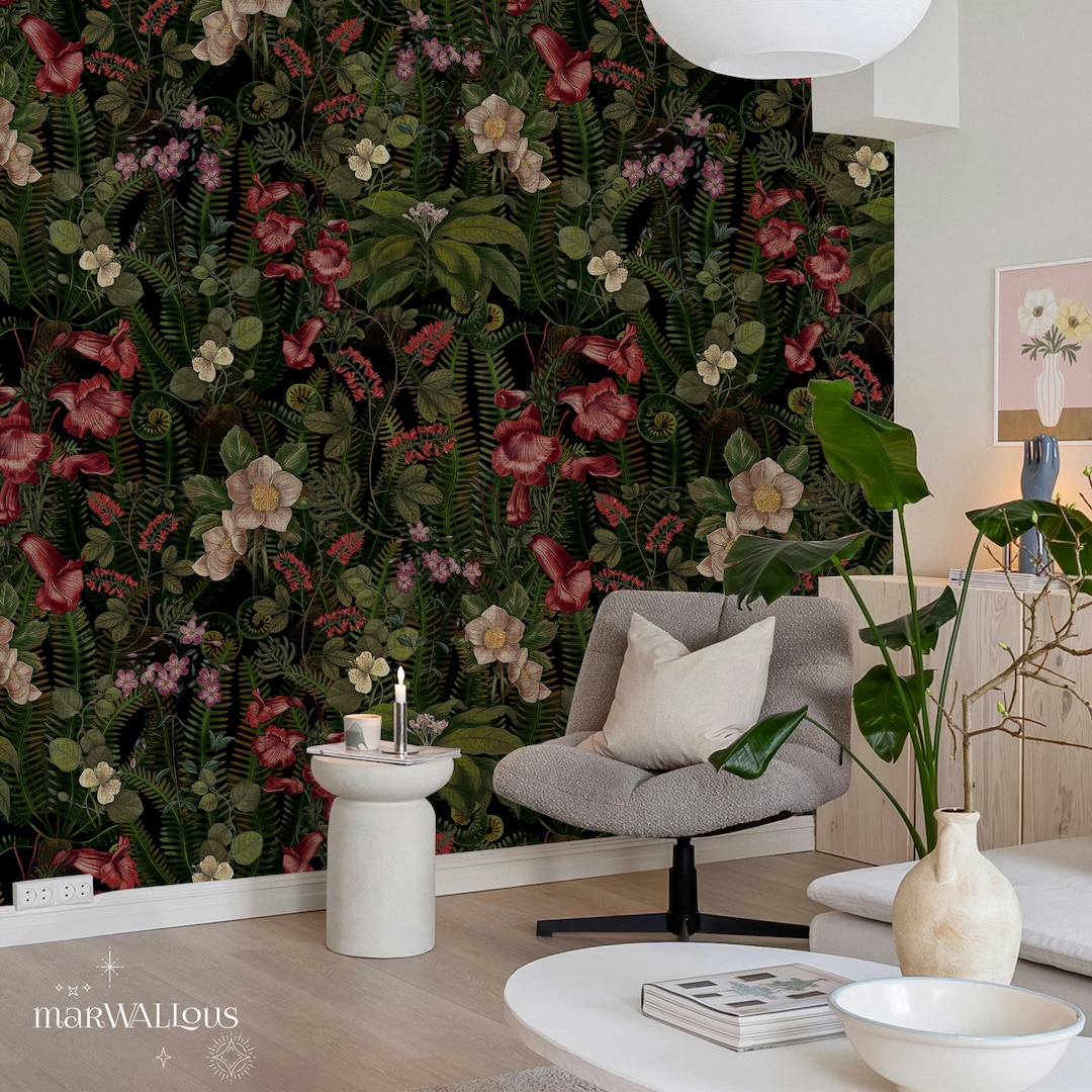 Dark Rose Garden Wallpaper, Vintage Red Green Floral Mural, Peel ...