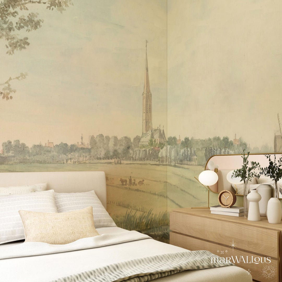 Rustic Country Style Wallpaper, Vintage Landscape, Watercolor, Scene ...