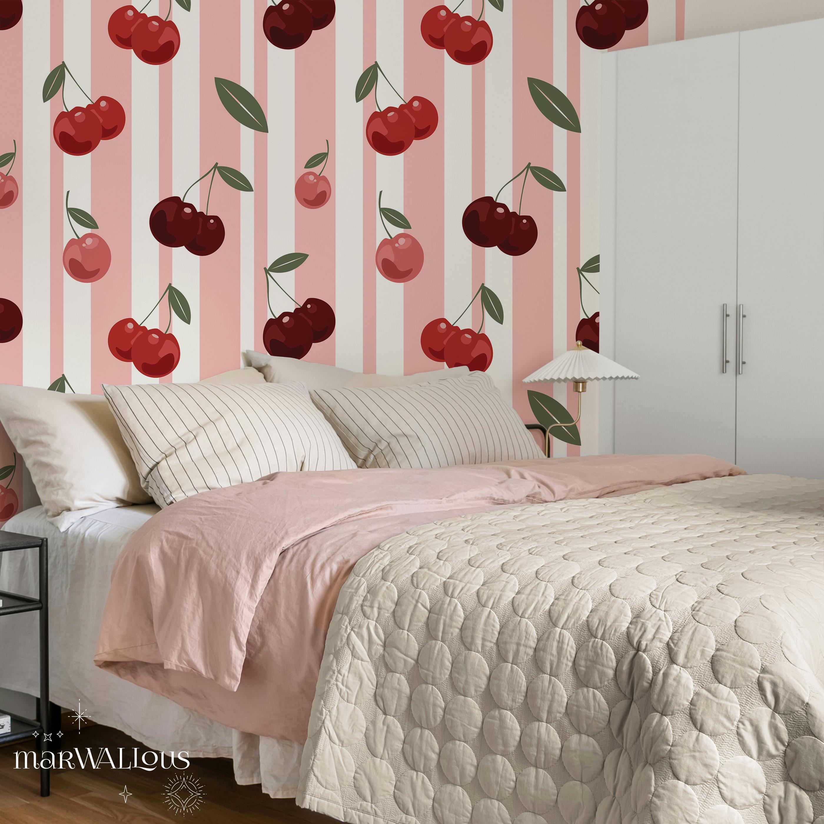 Custom Colors Cherry Stripes Wallpaper White & Pink Peel and Stick Wall ...