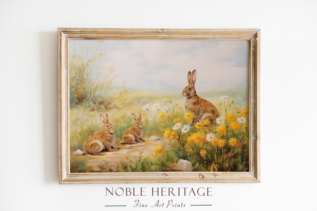 Vintage Rabbit Painting Whimsical Bunny Art Rustic Easter Print Digital ...