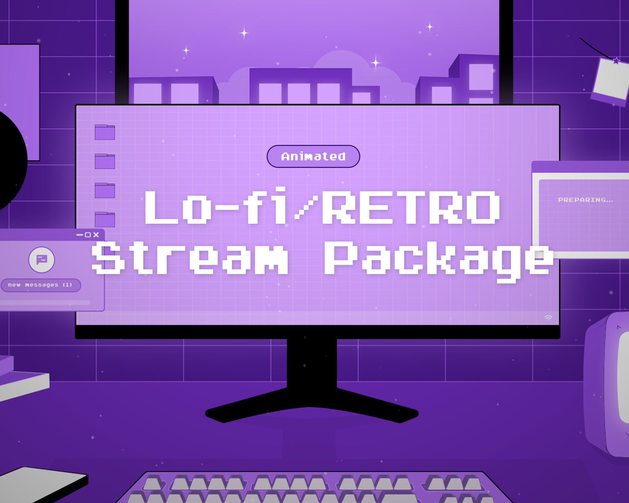 Lo-fi Retro Animated Stream Overlay Package, Purple, Blue, Cute ...