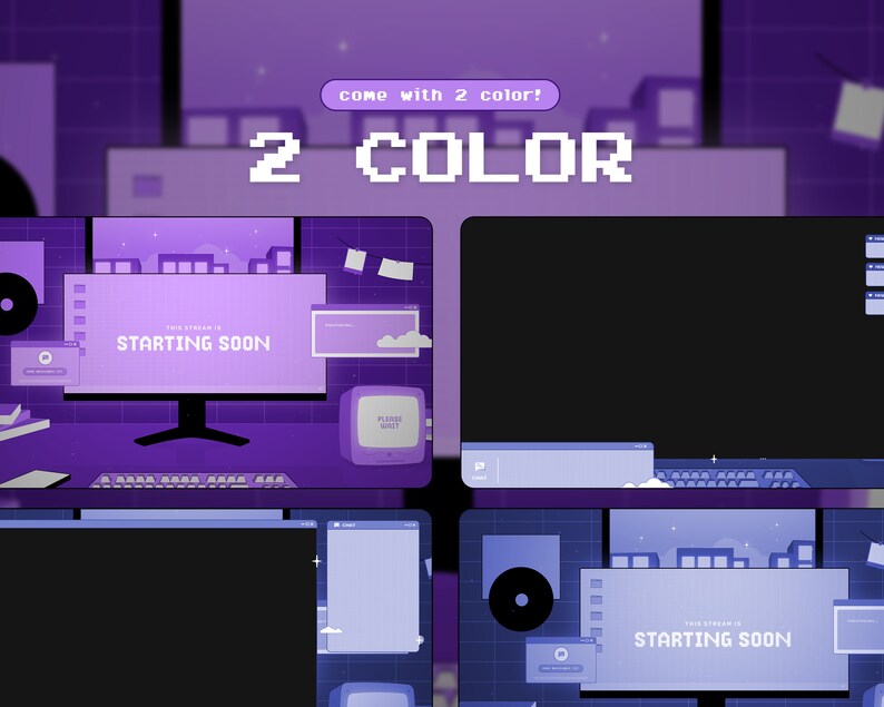 Lo-fi Retro Animated Stream Overlay Package, Purple, Blue, Cute ...
