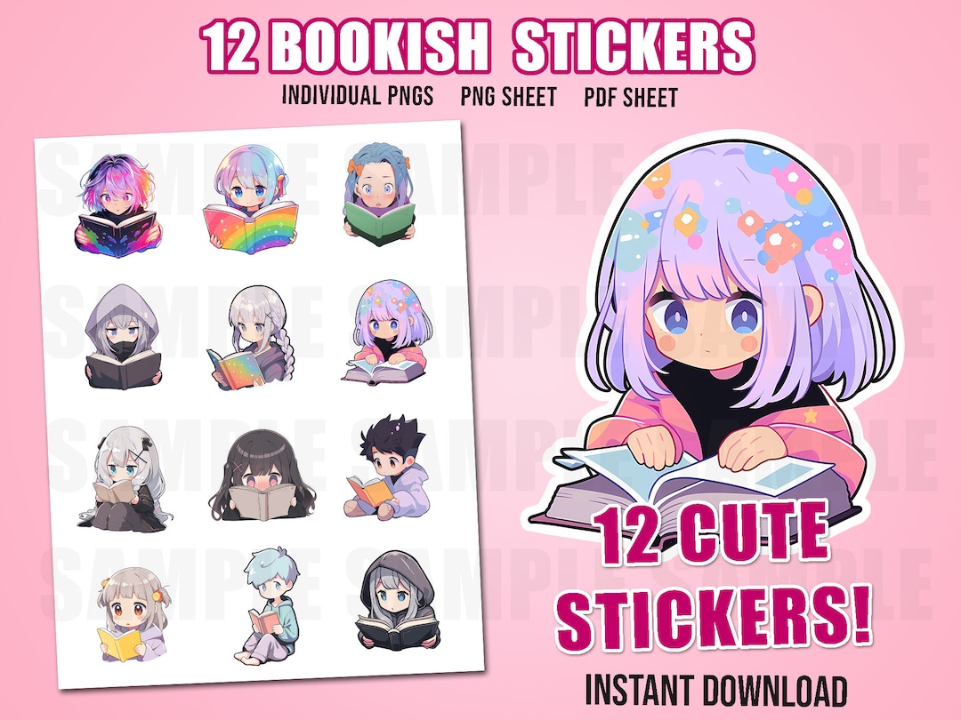 12 Bookish Stickers - Cute Book Lover Stickers Digital Sticker Set for ...