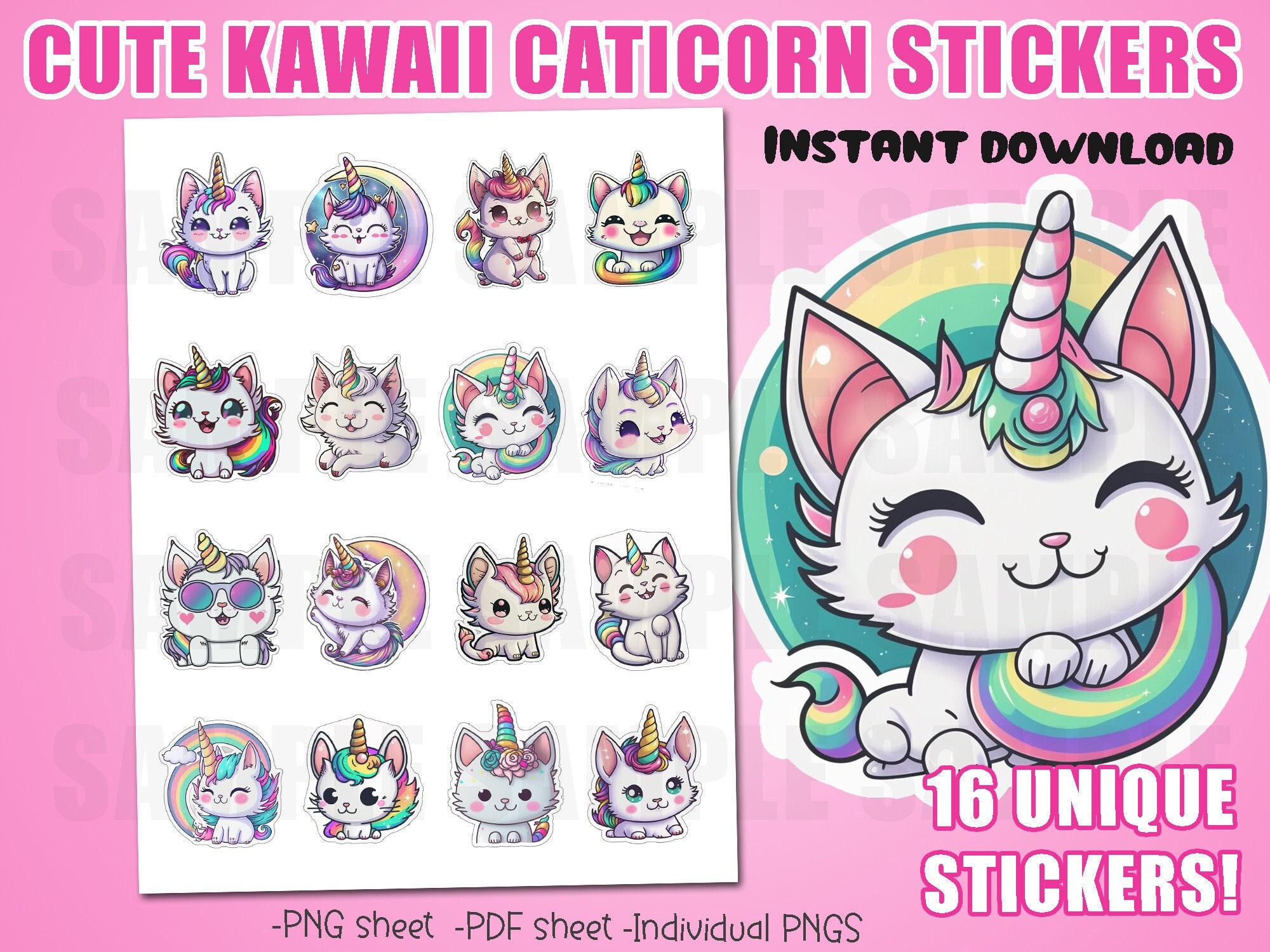 16 Kawaii Caticorn Digital Stickers - Cute Caticorn Icons ...