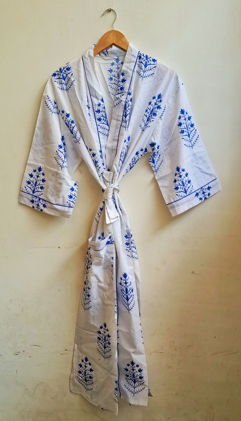Blue & White Palm Tree Print Cotton Indian Handmade Bath Kimono Robe ...
