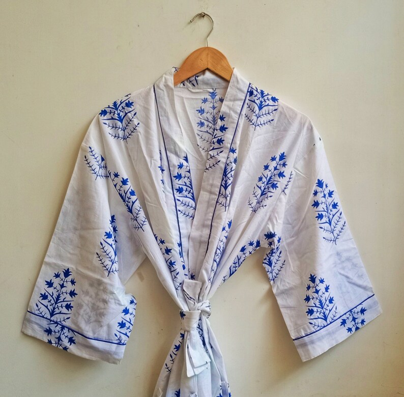 Blue & White Palm Tree Print Cotton Indian Handmade Bath Kimono Robe ...