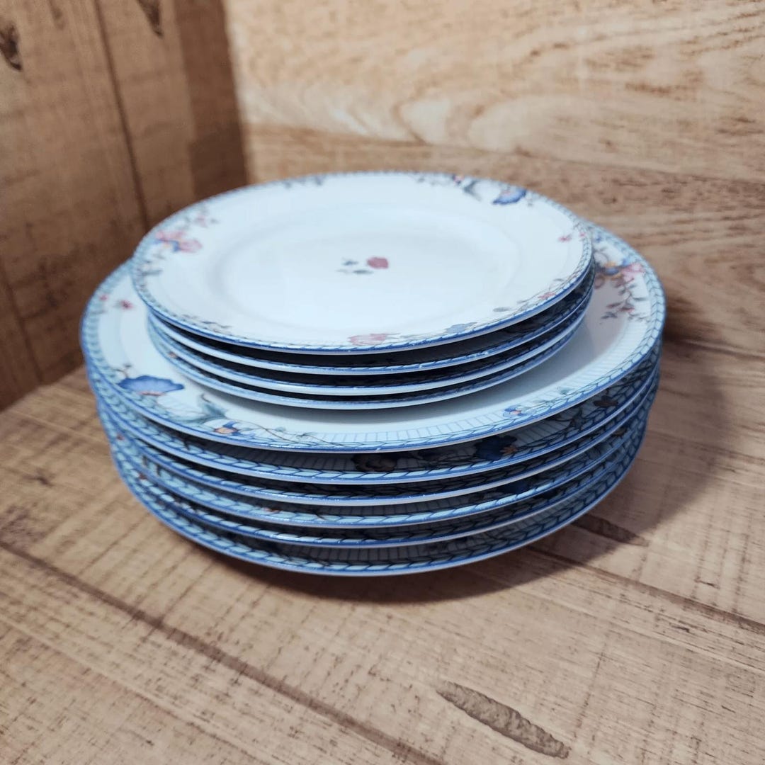 Vintage Oneida Blue Lattice Dinner Plates White W Pink Blue Flowers Rim ...