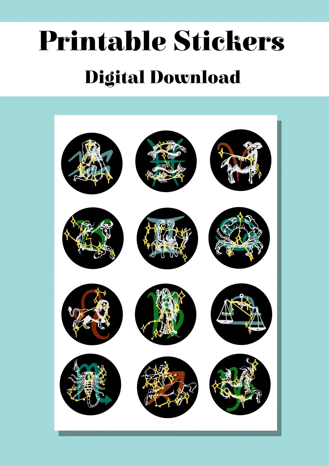 Printable Stickers/ Printable Zodiac Stickers/ Digital Download Star ...