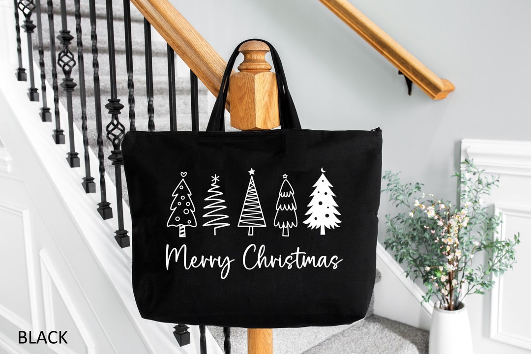 Merry Christmas Tote Bag, Christmas Tree Tote Bag, Holiday Tote Bag ...