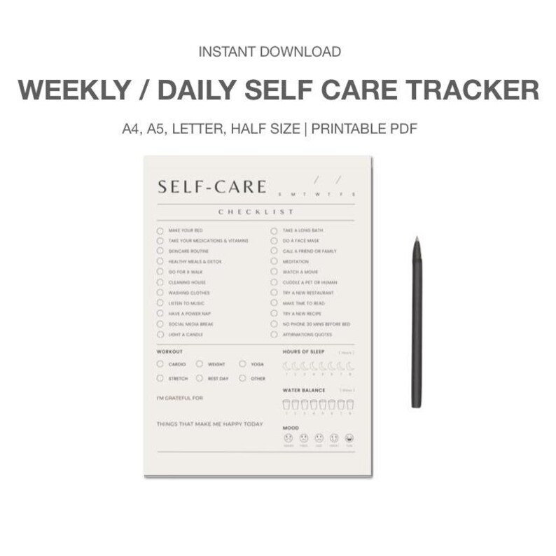 Minimalist Self Care Checklist, Weekly Self Care Tracker Printable ...