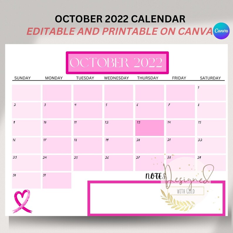 Editable OCTOBER 2022 Calendar Breast Cancer Pink Calendar - Etsy Norway