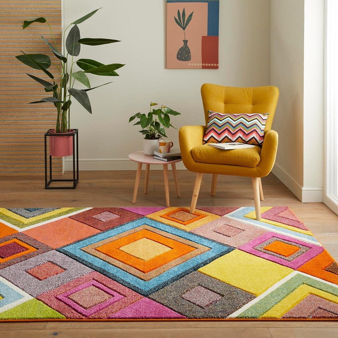 Hand Carved Rug for Living Room Bedroom Kitchen Bright Vibrant Multi ...