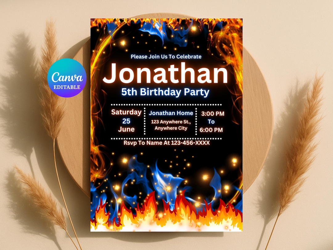 Fire Birthday Invitation, Editable Template, Hot Flame Theme DIY Party ...