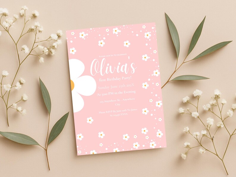 White Floral Birthday Invitation, Editable Template, Daisy Theme DIY ...