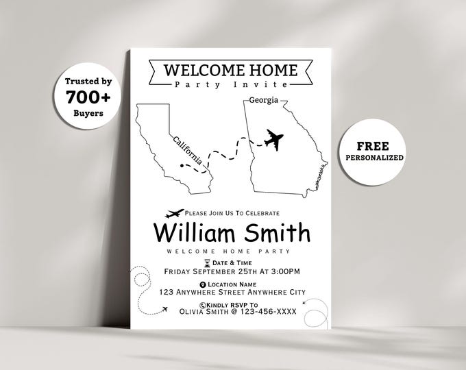 Editable Welcome Home Party Invitation Card Template: Map, Airplane ...