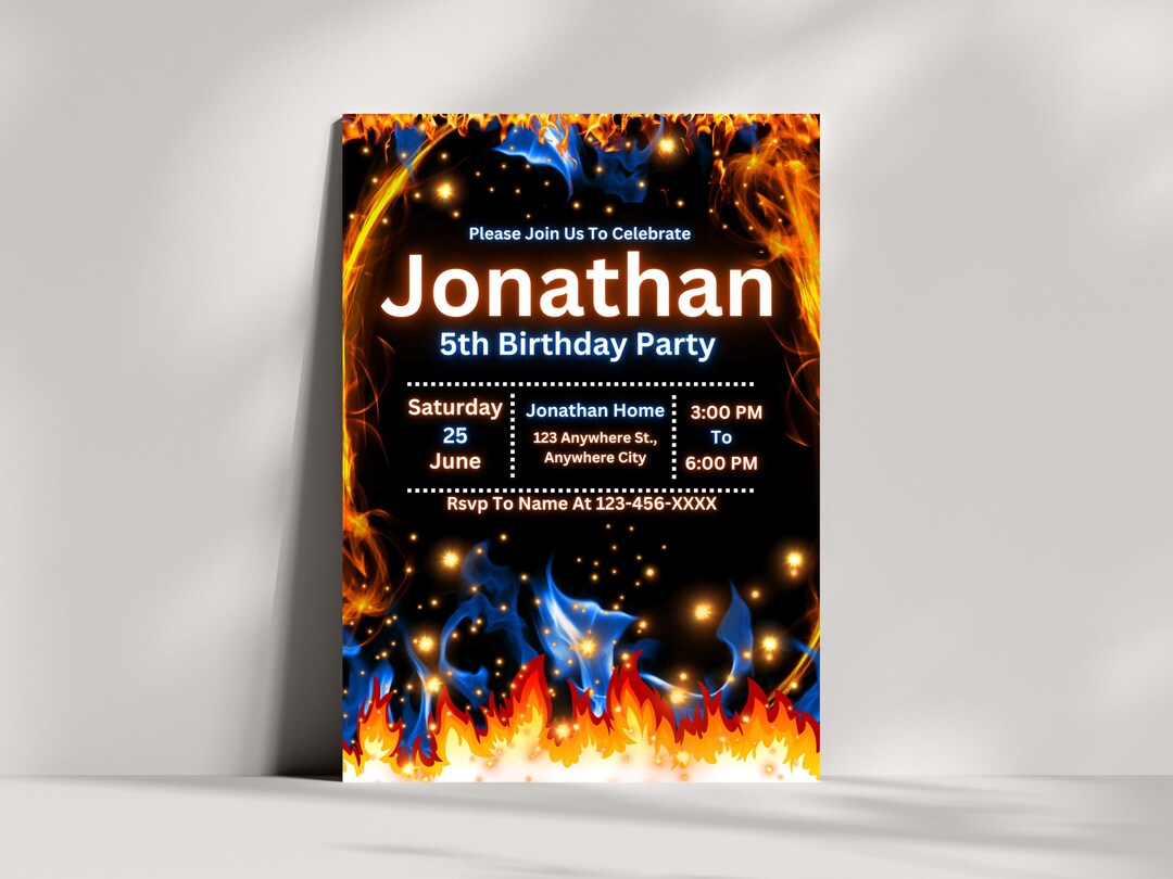 Editable Full Blast Birthday Party Invitation Card Canva Template: Fire ...