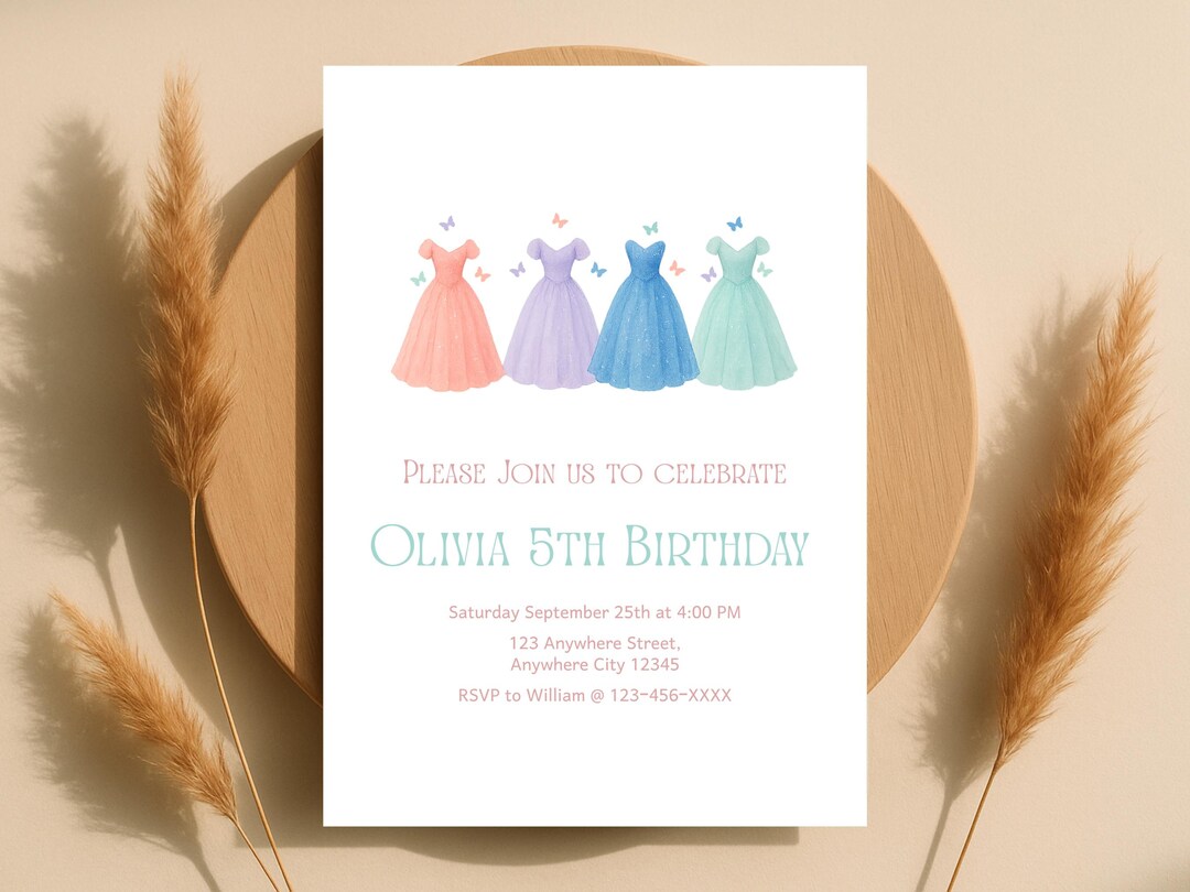 Princess Birthday Invitation, Editable Template, Royal Dresses Theme ...