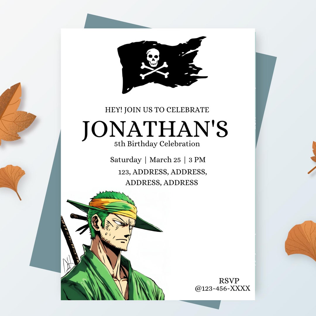 One Piece Zoro Birthday Invitation, One Piece Anime Birthday Invitation ...