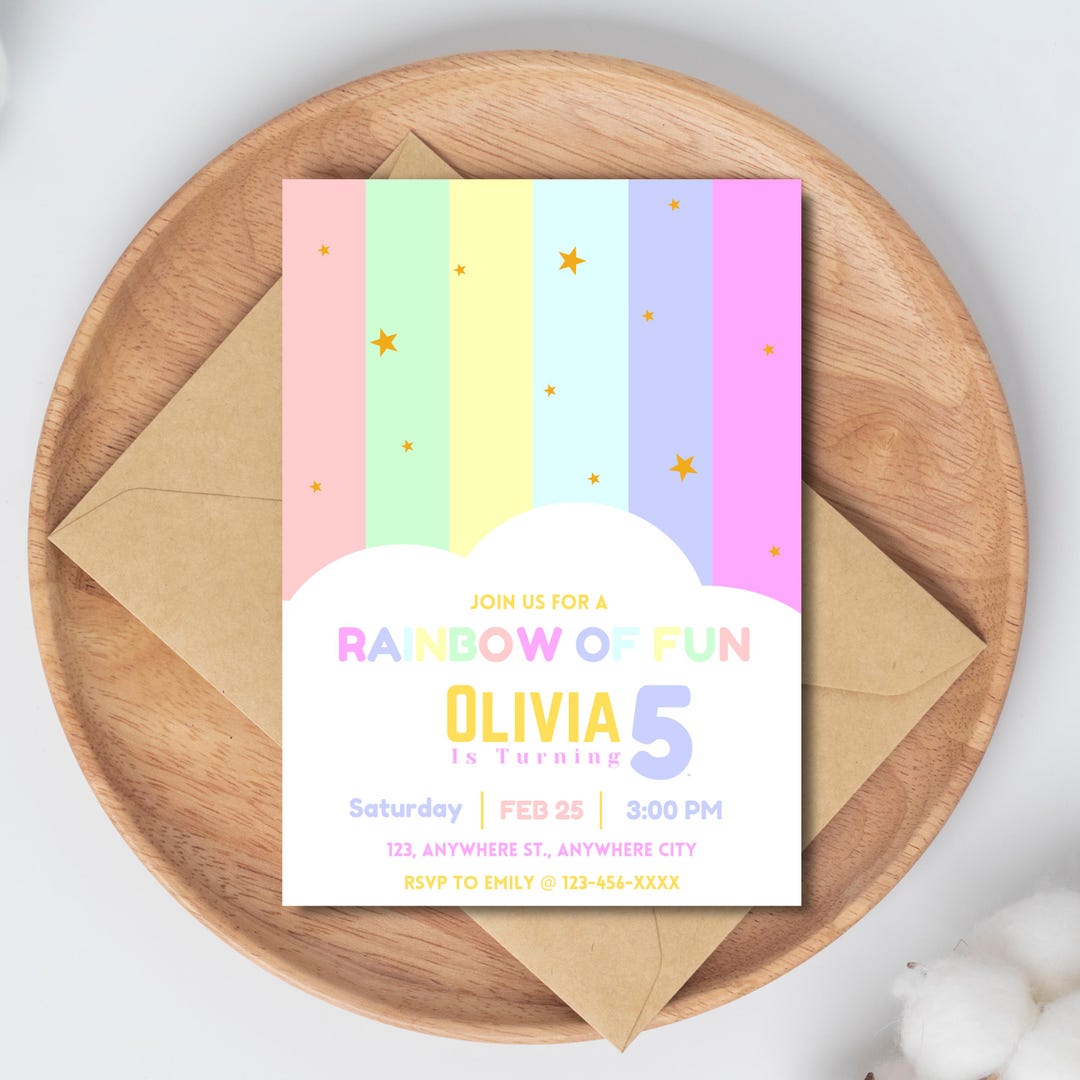 Colourfull Rainbow Birthday Party Invitation Card Template Editable ...