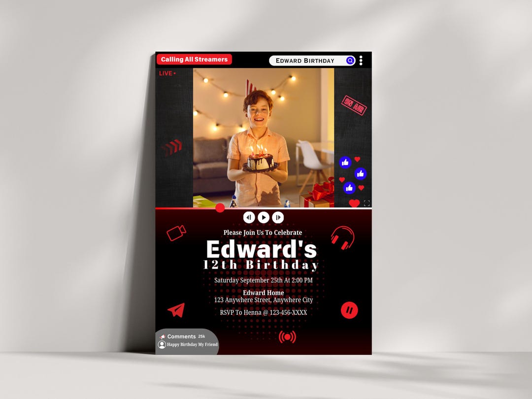 Editable Live Stream Birthday Party Invite Card Template: Gamer ...