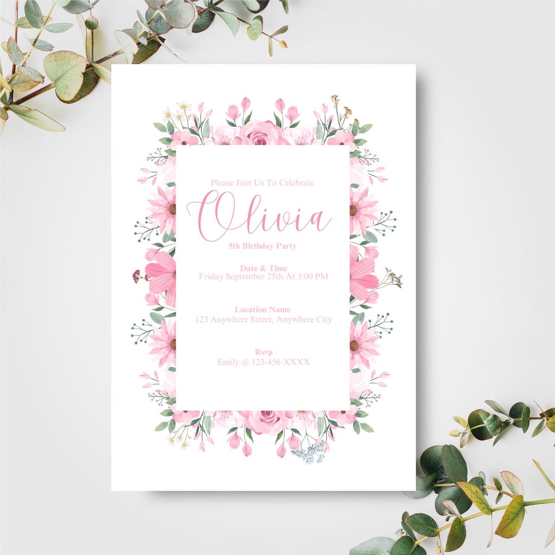 Flower Birthday Party Invitation Template Floral Birthday Invite ...