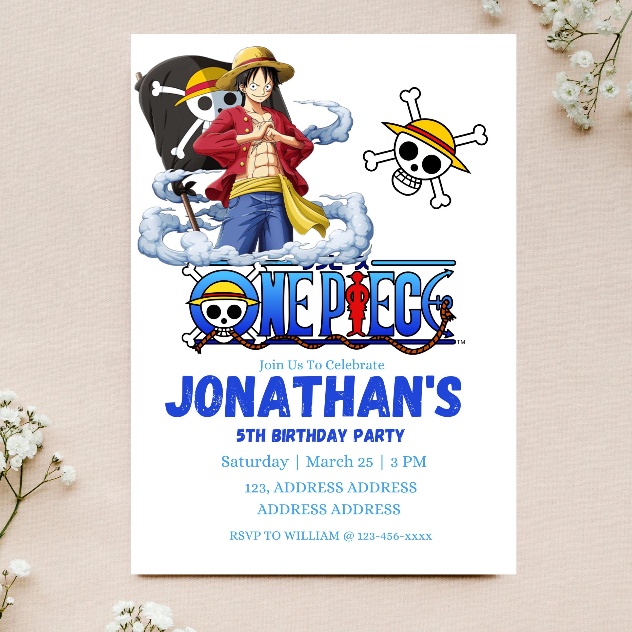 One Piece Luffy Birthday Invitation, One Piece Anime Birthday ...