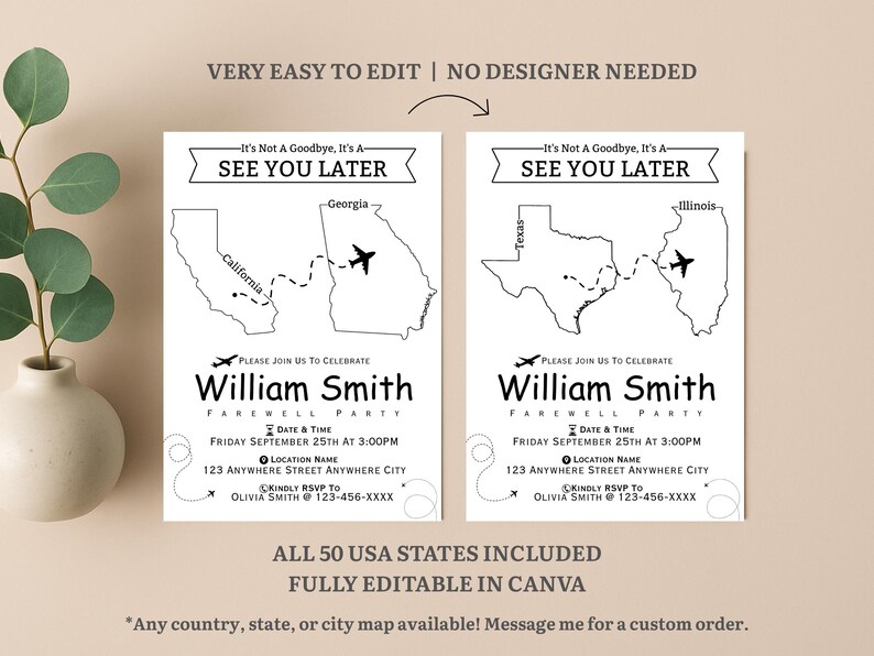 Editable Welcome Home Party Invitation Card Template: Map, Airplane ...