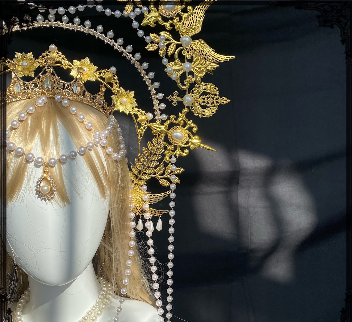 Golden Pearls Leaf Halo Crown Gold Leaf Halo Headpiece - Etsy