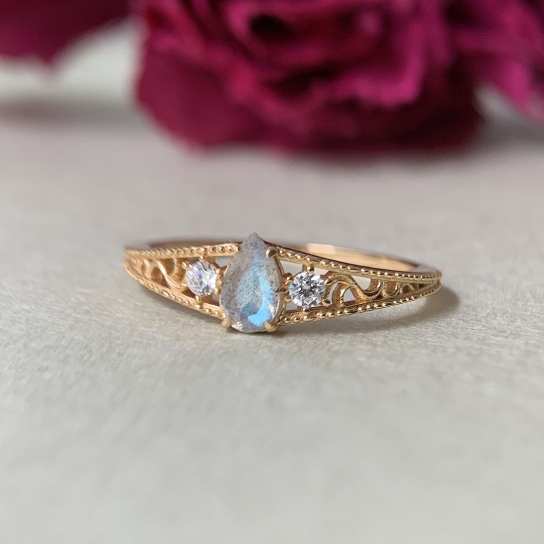 Vintage Labradorite Engagement Ring, Delicate Pear Shape Labradorite ...