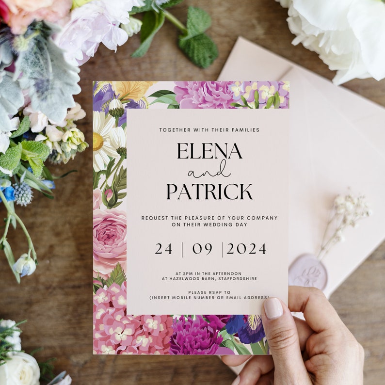 Bright Floral Wedding Invitation Template, Summer Floral Wedding Invite ...