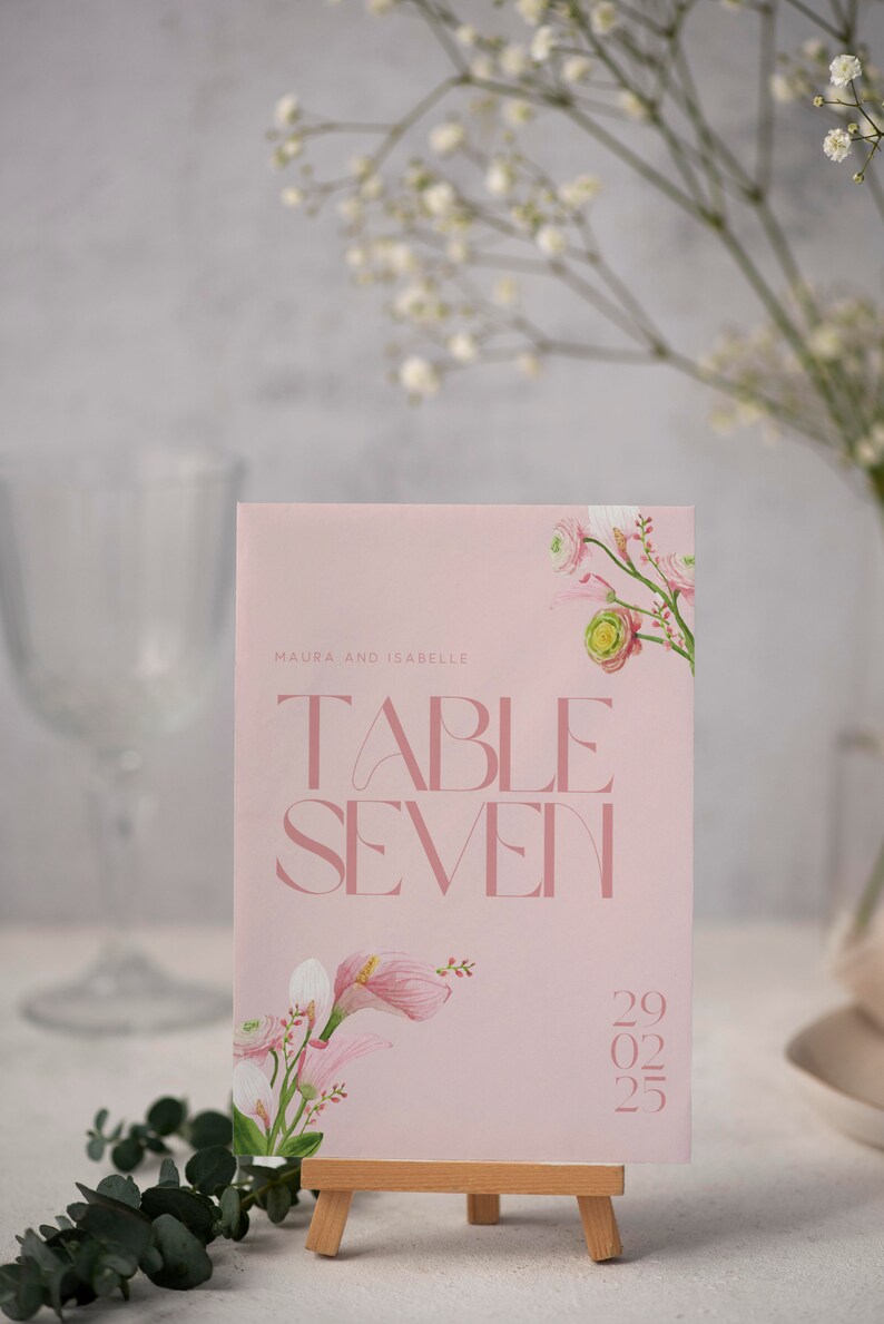 Pink Floral Wedding Table Number Card, Blush Watercolour Wedding Table ...