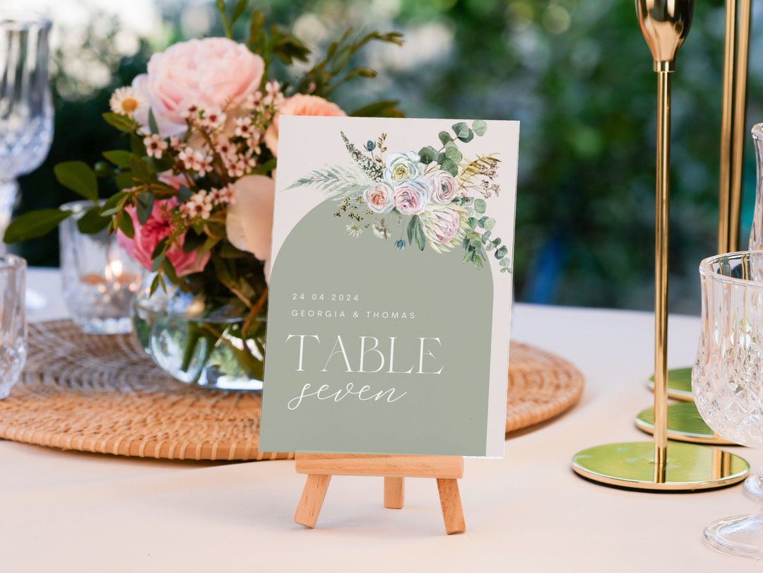 Boho Pampas Wedding Table Number Card, Sage Floral Wedding Table Name ...