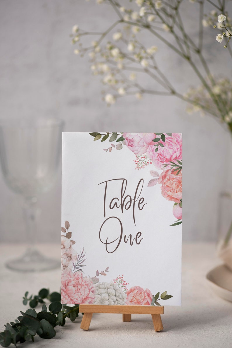 Peony Wedding Table Number Card, Pink Peonies Wedding Table Name Card ...