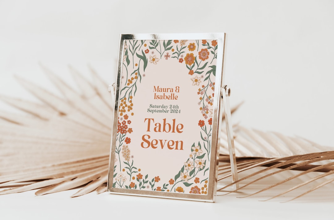 Groovy Floral Wedding Table Number Card, 70s Retro Wedding Table Name ...