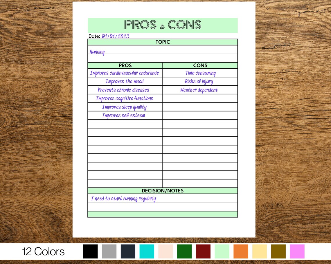 Printable Pros and Cons List, Pros and Cons Template, Printable ...