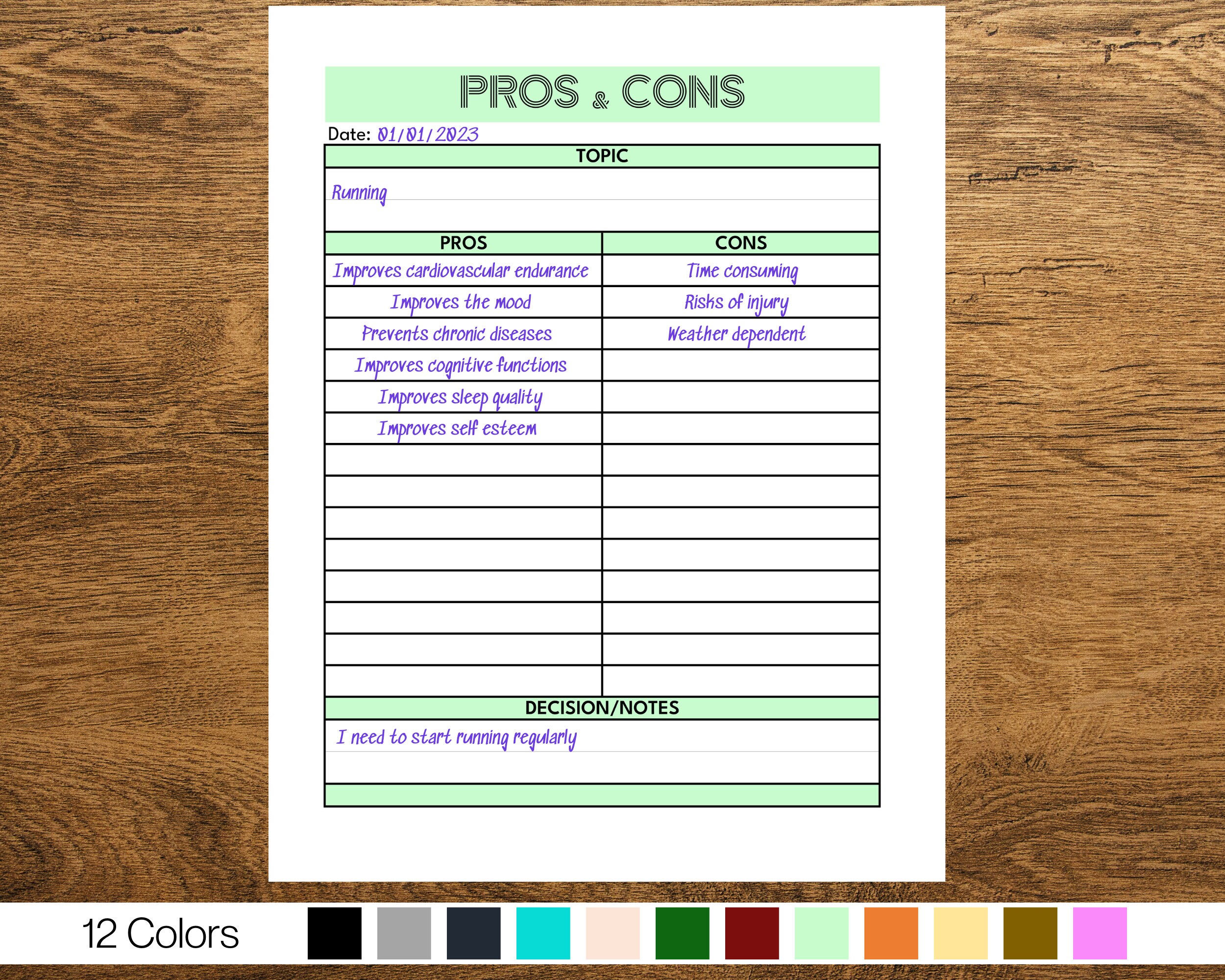 Printable Pros and Cons List, Pros and Cons Template, Printable ...