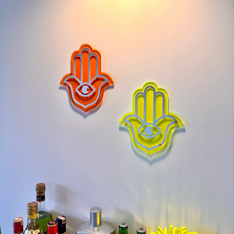 Neon Yellow Acrylic Hamsa Hand Wall Decor: Bohemian Evil Eye Talisman ...