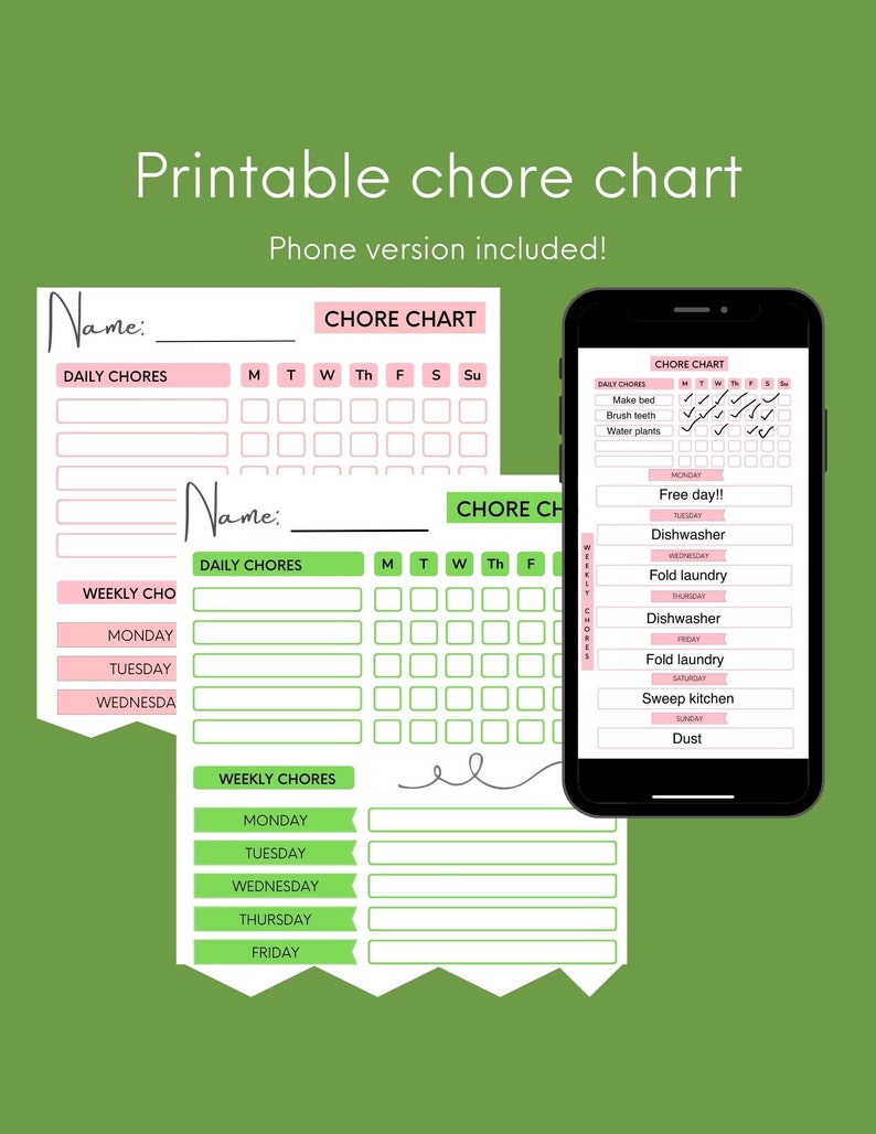 Printable Chore Chart, Kid's Chore Chart, Phone Chore Chart - Etsy