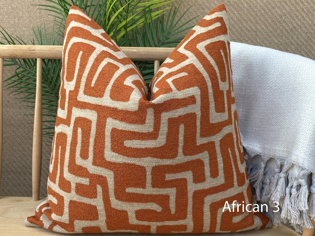 Taupe and Orange African Pillow Cover, Labyrinth African Woven ...