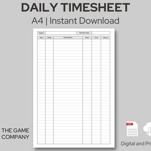 Daily Time Sheet Log | Printable Daily Timesheet Log | A4 Size Digital ...