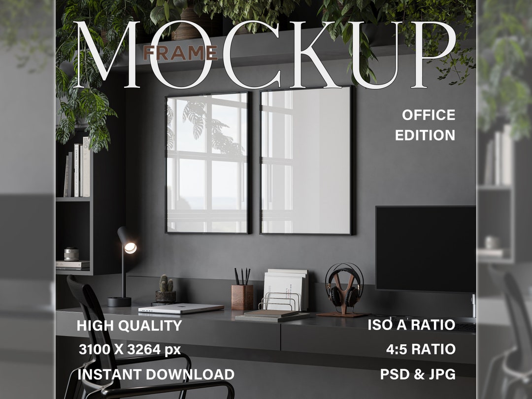 Black Frame Mockup: 2 Frames in Office Interior, Desk Scene (PSD, JPG ...