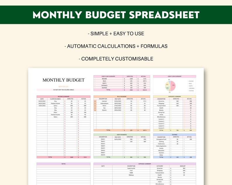 Monthly Budget Spreadsheet, Monthly Custom, Microsoft Excel, Personal ...