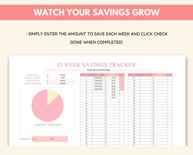 52 Weeks Savings Tracker, Microsoft Excel, Annual Finance Tracker ...