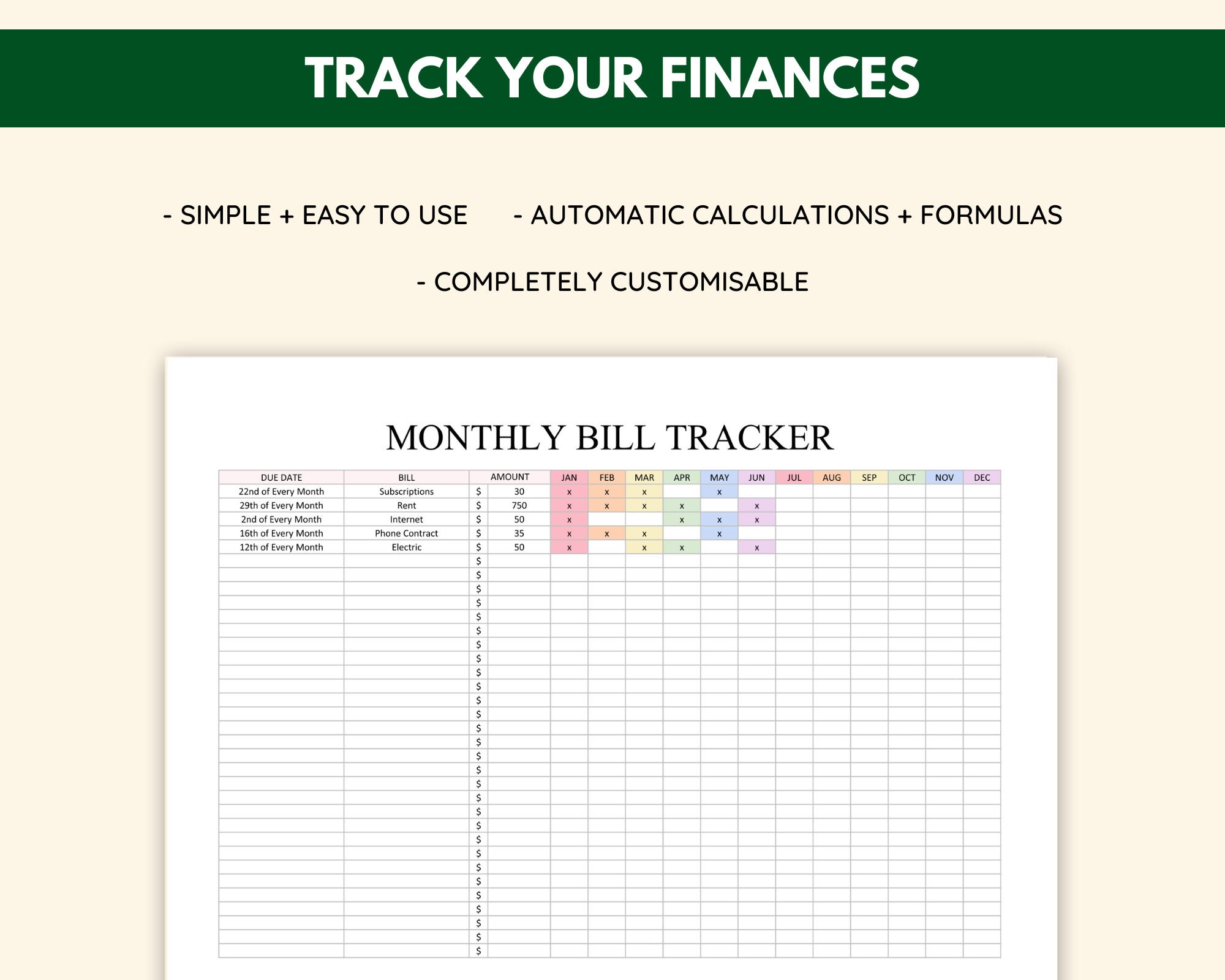 Annual Bills Tracker Spreadsheet Monthly Custom Microsoft - Etsy